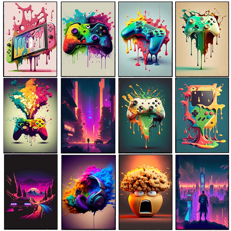 Vintage Canvas Painting Colorful Punk Neon Gamer Controller Cool Gaming ...