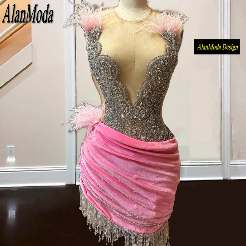 Diamond-Pink-Birthday-Dresses-Luxury-For-Women-Tulle-Feather-Short-Prom-Gowns-Crystal-Tassel ...