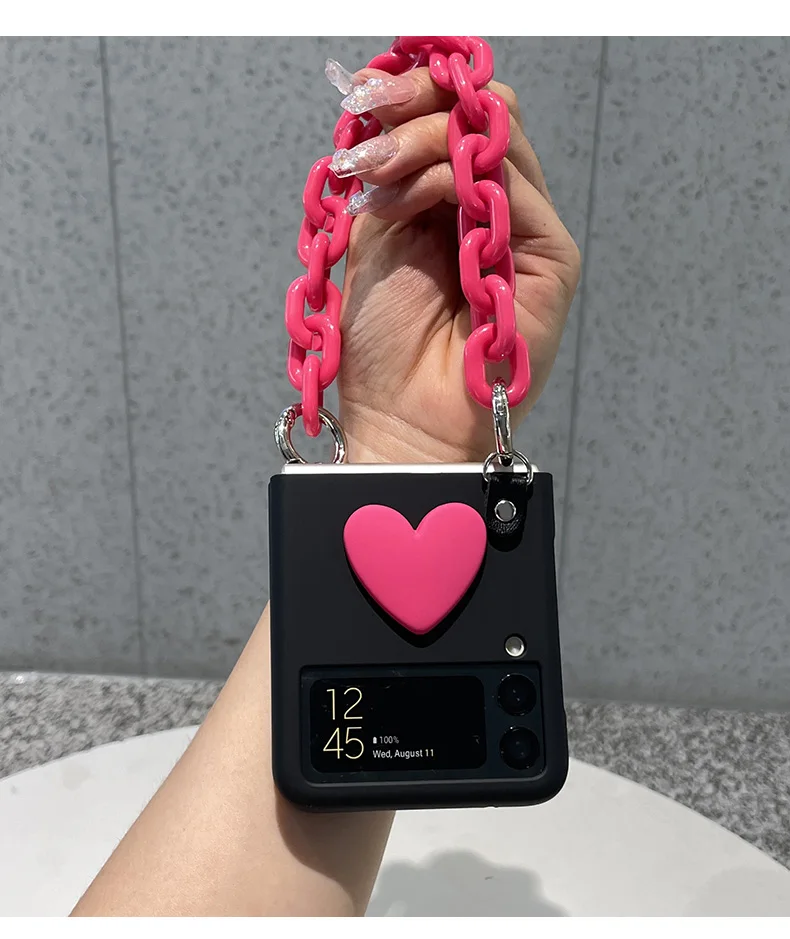 For Samsung Galaxy Z Flip 4 3 5G F7110 F7070 Unique Heart Chain Wrist ...