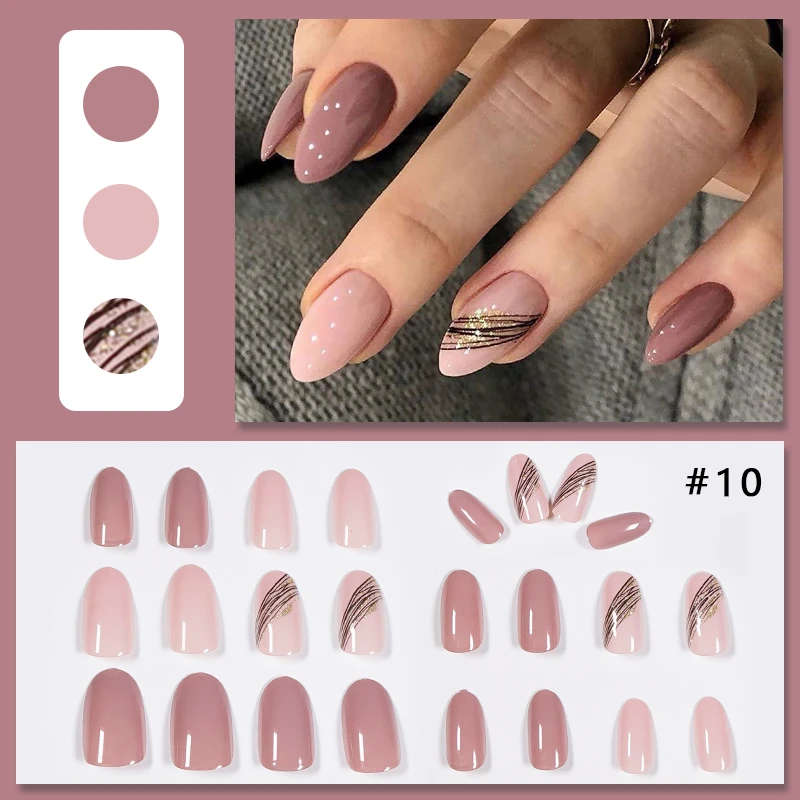 24Pcs/Set Black Gold Line Press on Fake Nails Full Cover Artificial ...