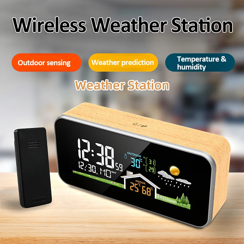 Wireless-Weather-Station-Wooden-Alarm-Clock-Digital-Thermometer ...