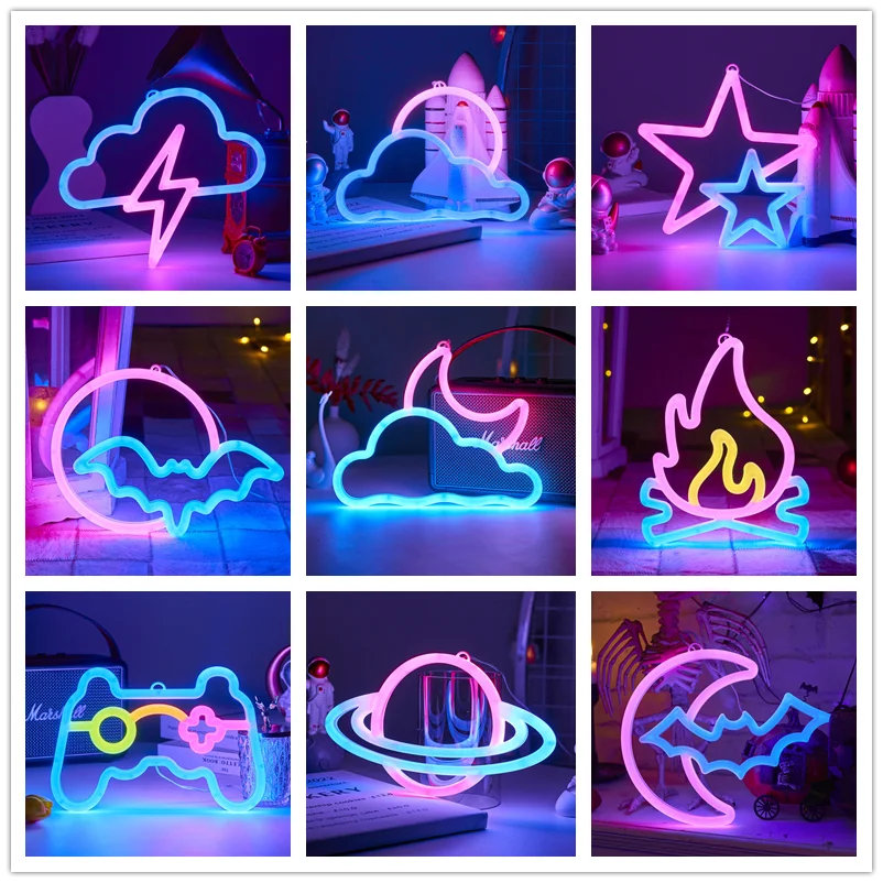 LED Bright Neon Light Night Gamepad Fire Moon Star Sign Modeling Lamp ...