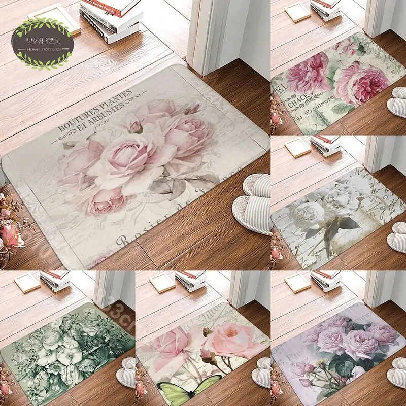 Retro Pink Rose Carpet Door Mat Entrance Anti-Slip Shower Bath Kitchen ...