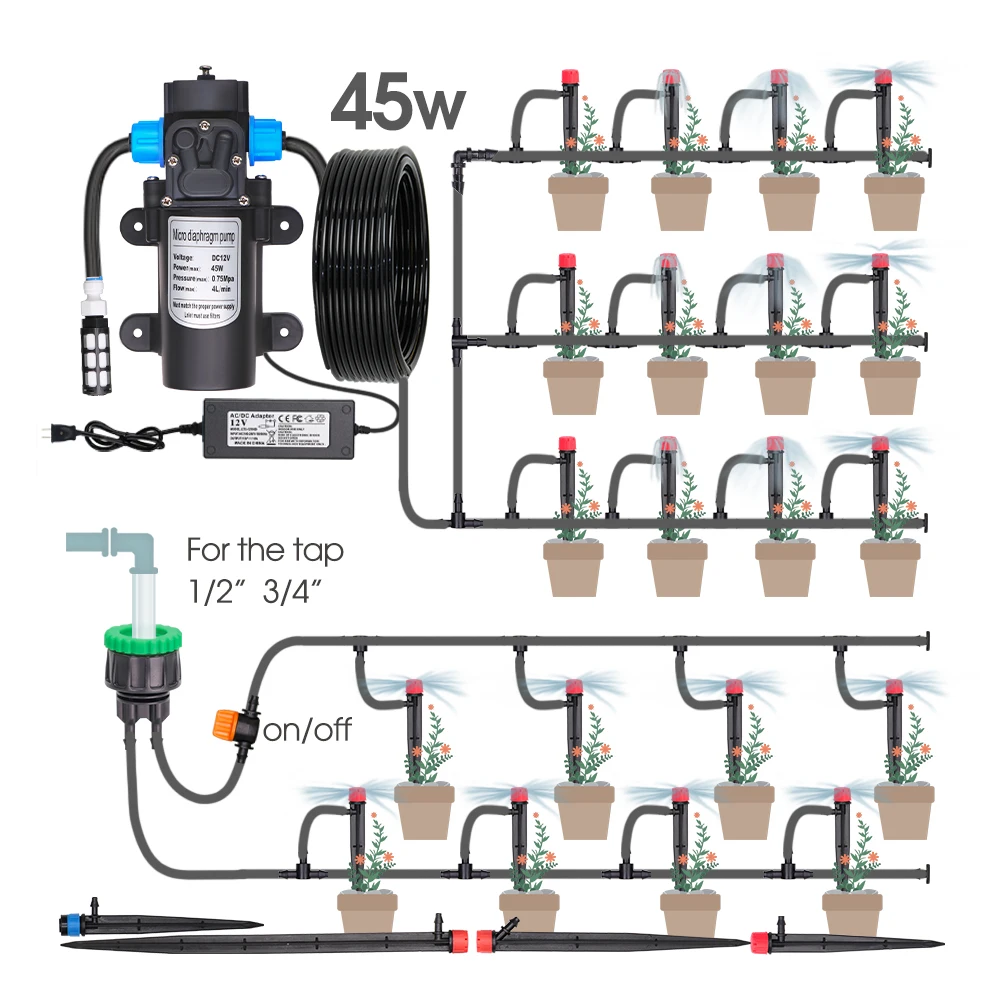 45W Self-priming Pump System Automatic 13CM Sprinkler Watering Irrigation Kit Garden Automatic ...