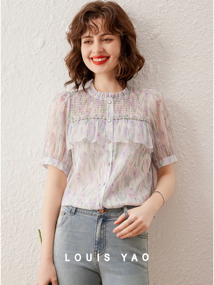 LOUIS-YAO-Women-Shirt-Elegant-Print-Beading-Blouses-2024-Summer-O-Neck ...