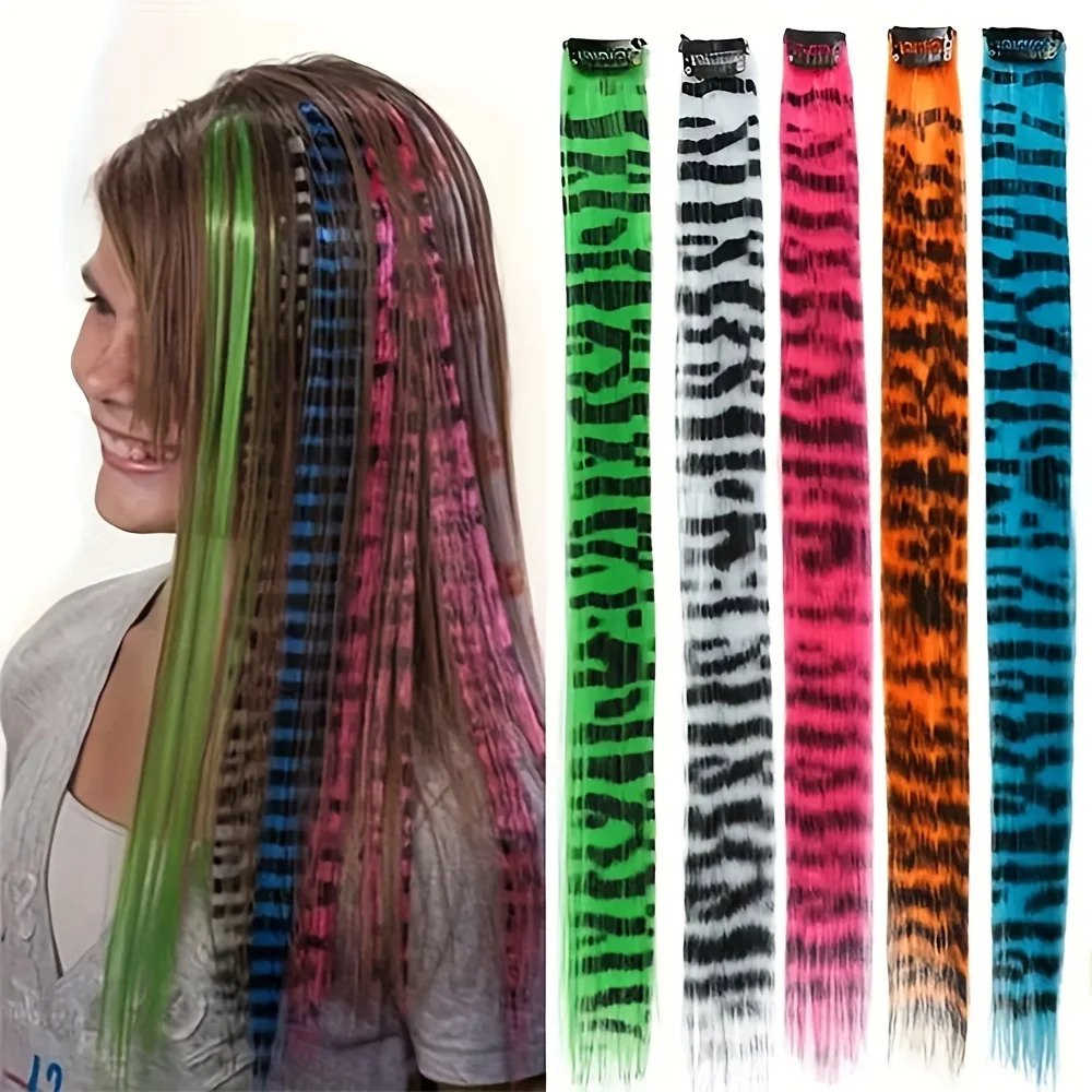 1PCS-Y2K-Colorful-Hair-Extensions-Leopard-print-long-Straight-wig-One ...