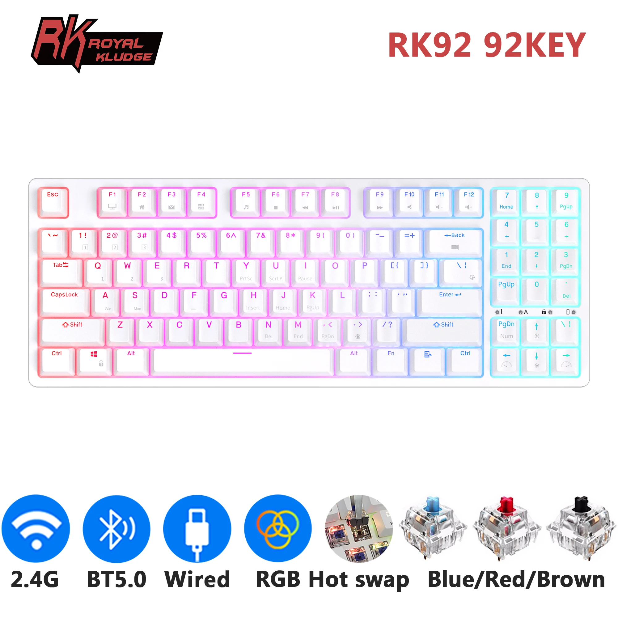 Royal Kludge Rk92 Rgb Mechanical Keyboard Tri-mode Bt5.0/2.4g/usb-c 92 ...