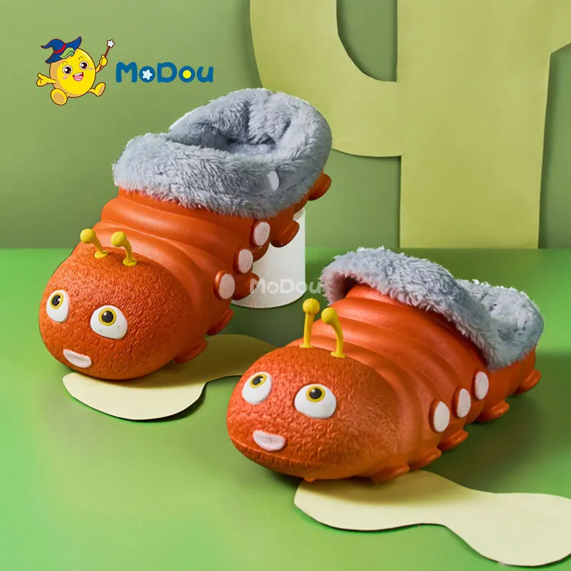 Mo Dou 캐터필 코튼 슬리퍼 겨울용 래핑 힐 귀여운 만화 실내 집 두꺼운 플러시 따뜻한 코튼 신발 여아 신발 미끄럼