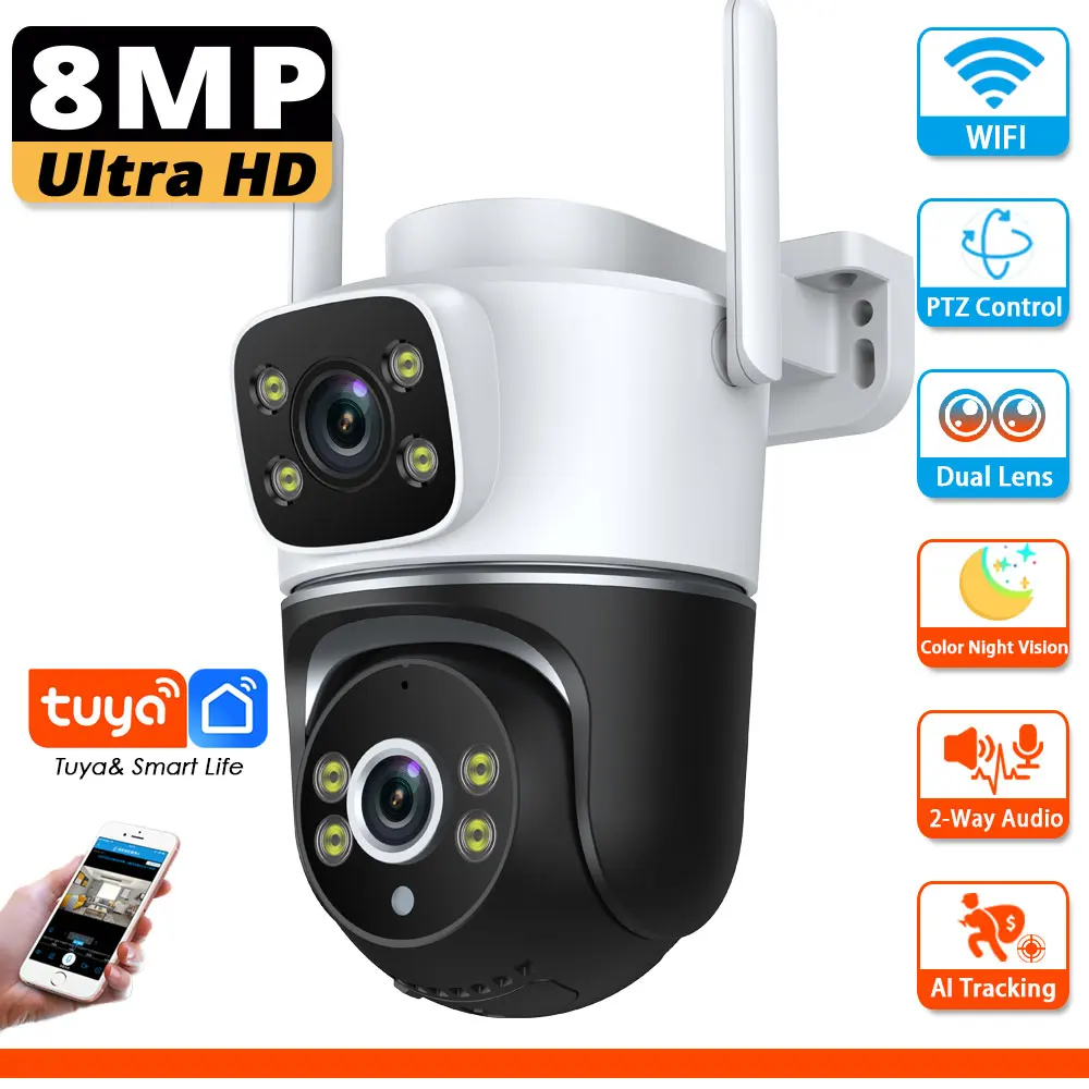 Tuya Video Surveillance Camera Wifi 8MP 4K Dual Lens Outdoor Security ...