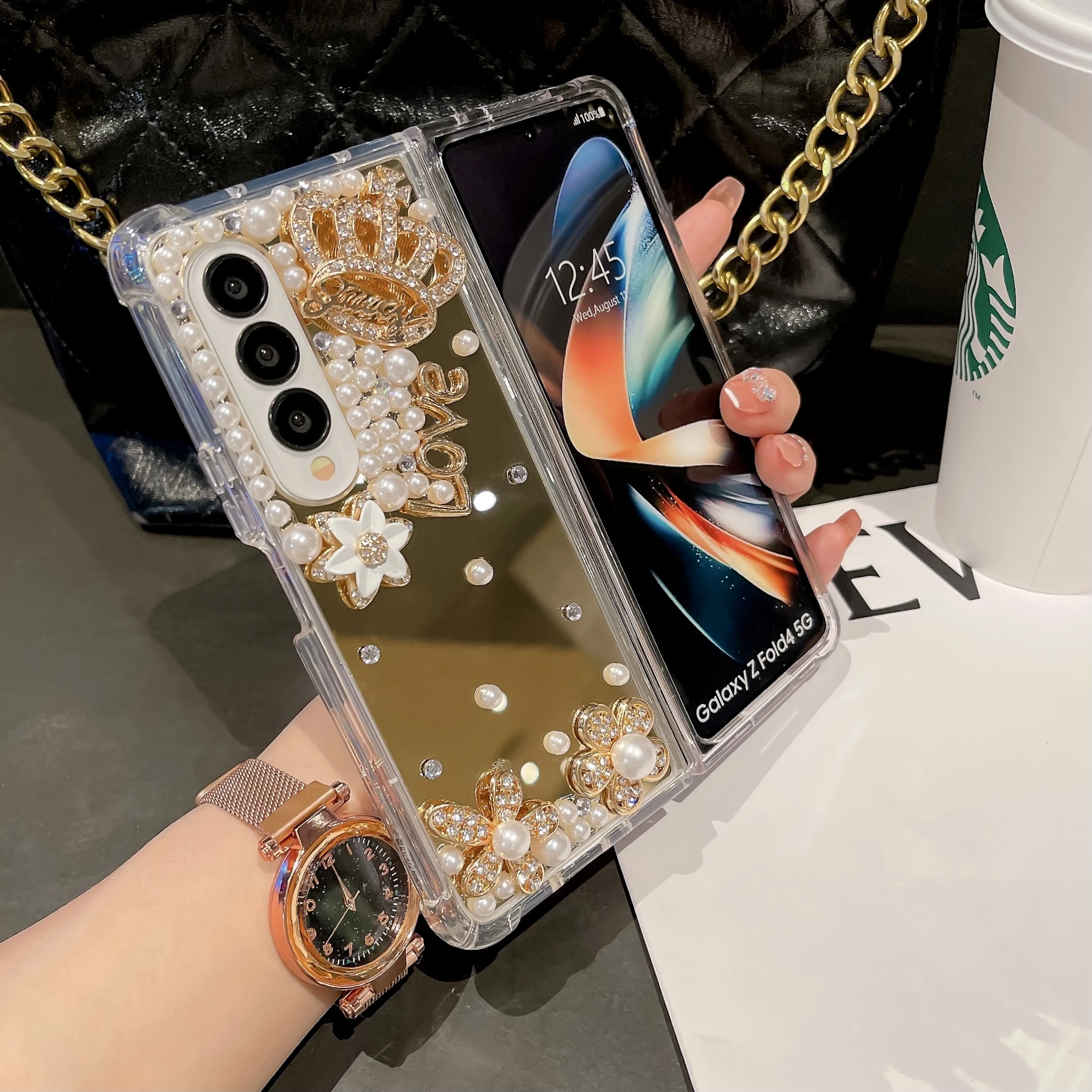 Luxury Diamond Pearl Flowers Crown Phone Case For Samsung Galaxy Z Fold ...