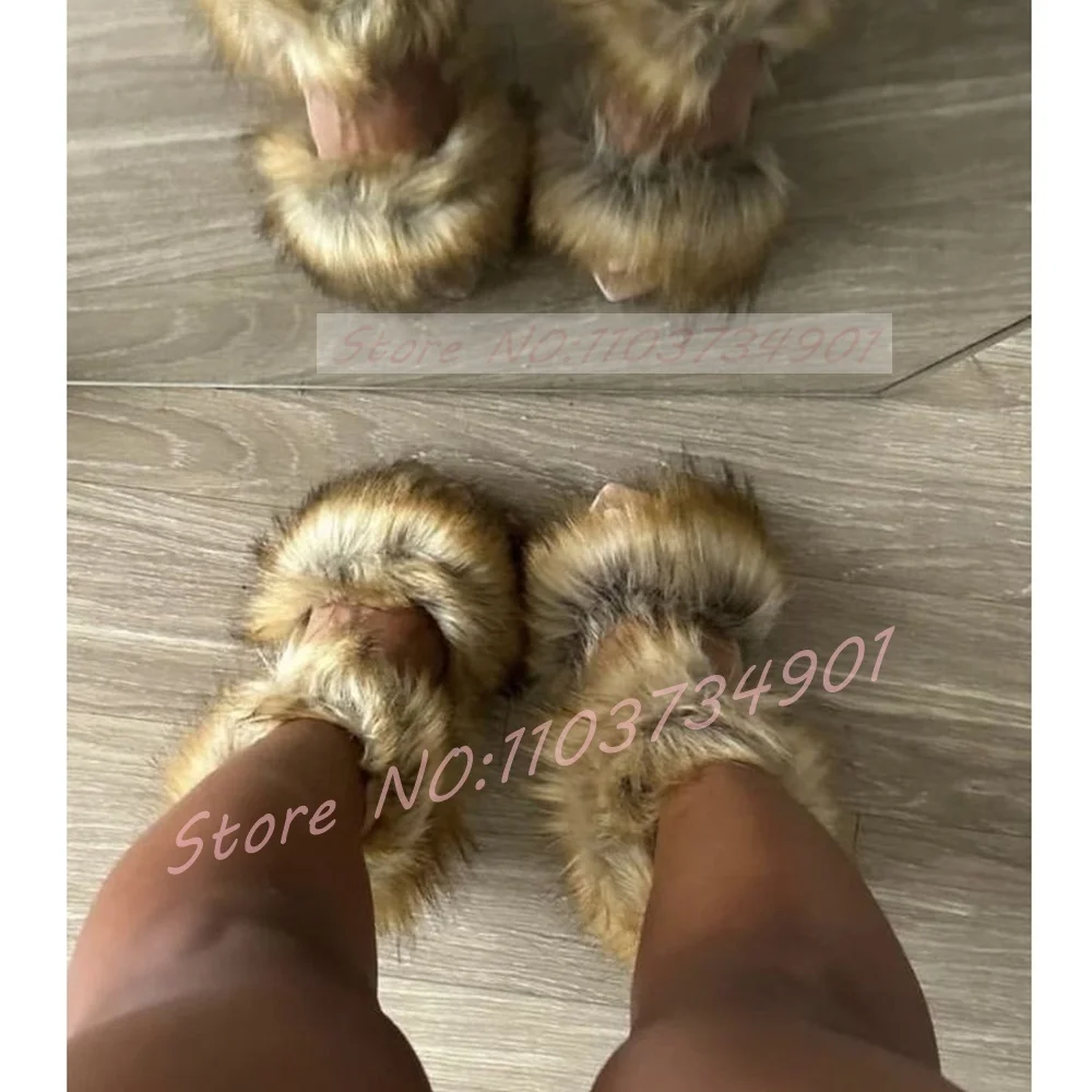 Brown Real Fur Strap Sandals Women Luxury Pointed Open Toe Furry Ankle ...