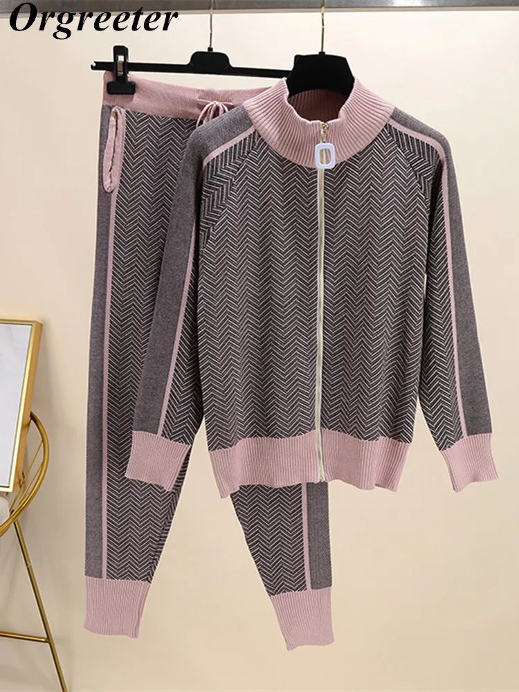 Fall Winter New Tracksuit Woman Color Patchwork Turtleneck Zipper ...