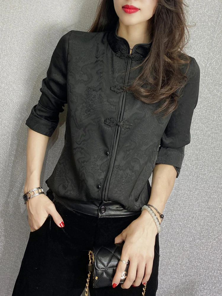 black long sleeve button shirt women's Chinese style cheongsam shirts ...