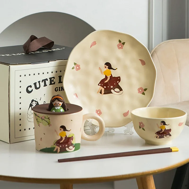 Retro Ceramic Dinner plate Cute girls Household Tableware Ceramic Rice ...