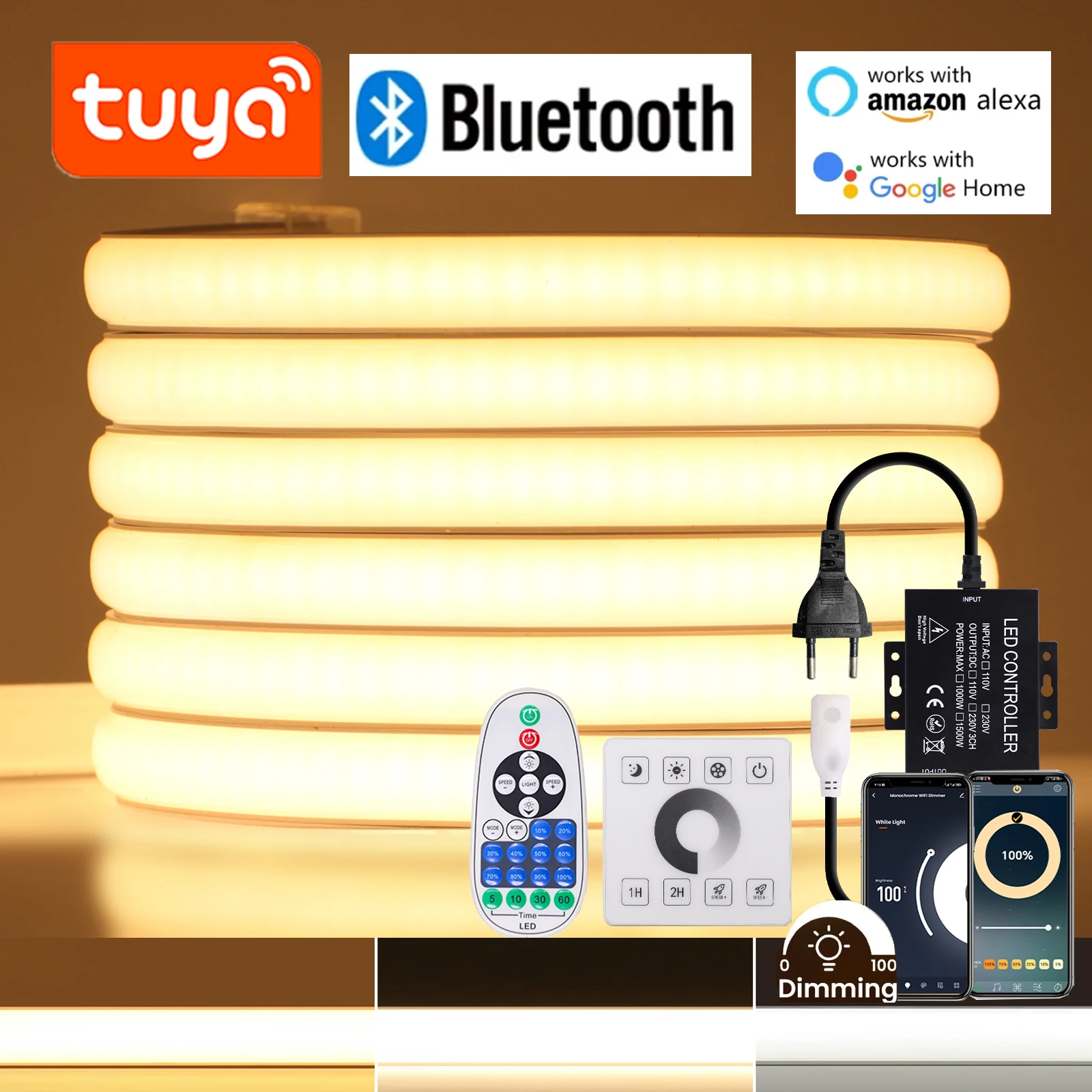 Dimmable-220V-COB-LED-Neon-Strip-Light-Wall-Touch-Remote-Bluetooth-WiFi ...