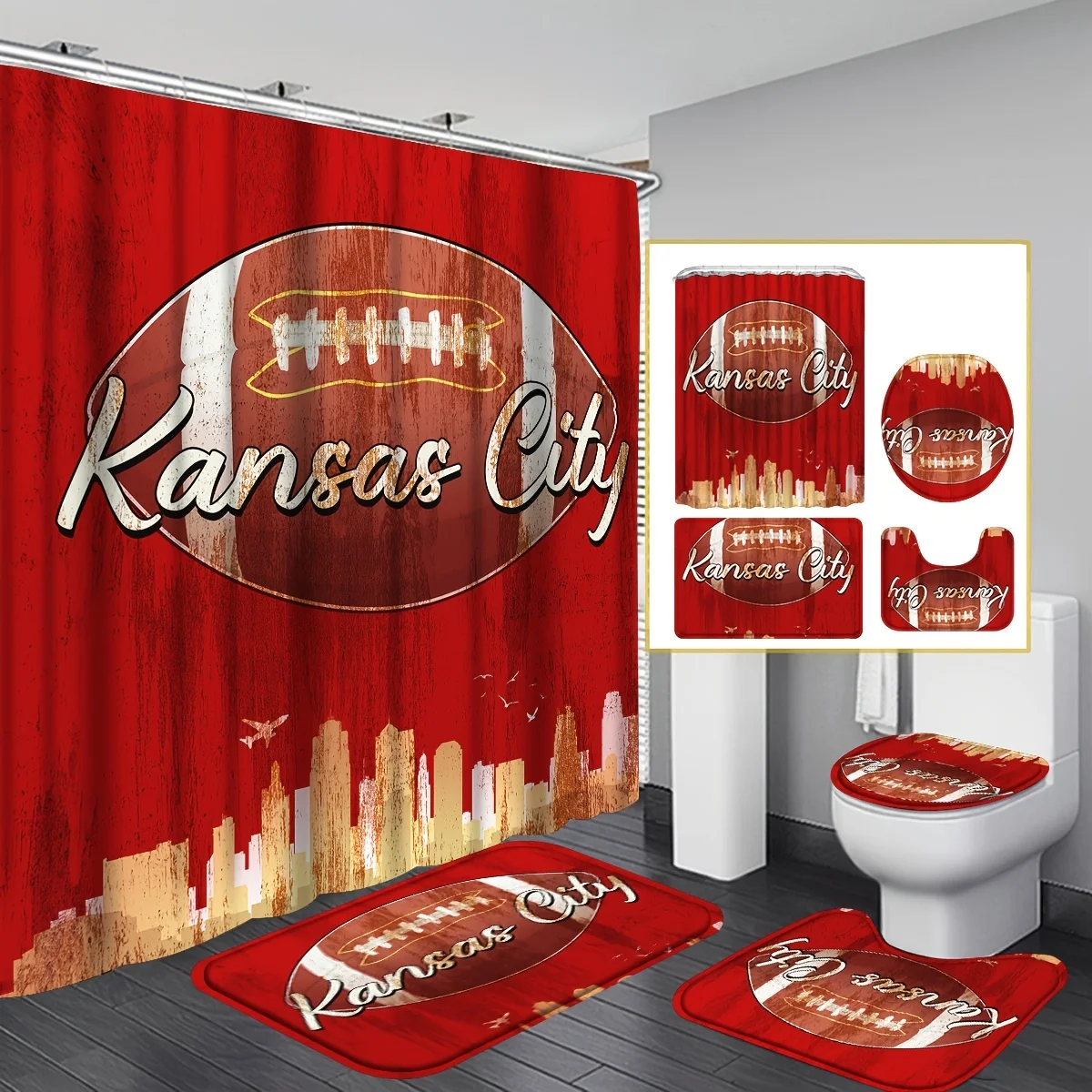 Kansas City Football Bathroom Four-Piece Set - Sports-Themed Waterproof ...