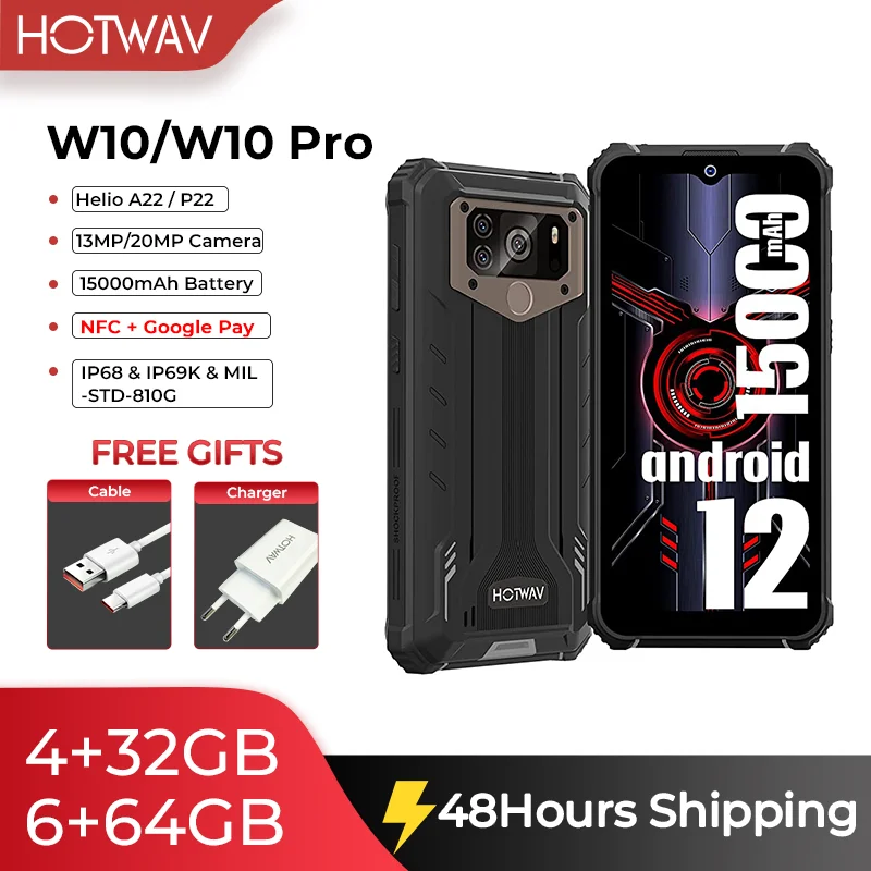 HOTWAV W10 Pro/W10 Cell Phone 15000mAh Large Battery Android 12 Helio ...