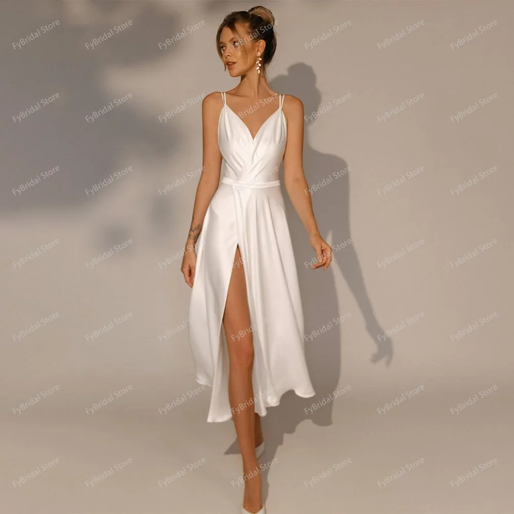Simple-Sexy-Short-Wedding-Dress-V-Neck-Spaghetti-Straps-Side-Slit ...