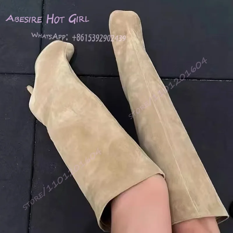 Light-Brown-Suede-Split-Toe-Boots-Knee-Straight-Loose-Black-Stiletto ...