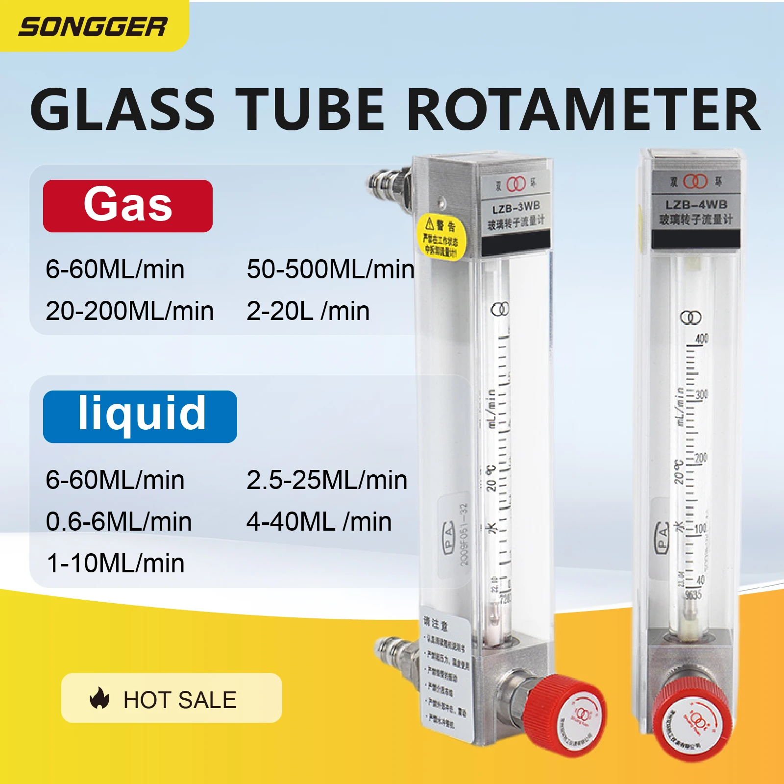 Glass Tube Rotameter LZB-3WB Variable Area Flow Meter for Air Nitrogen ...