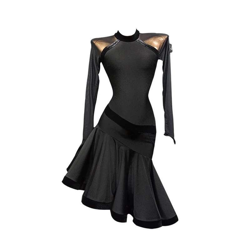 Black-Latin-Dance-Competition-Dress-Mesh-Sleeve-Samba-Dancing-Stage ...