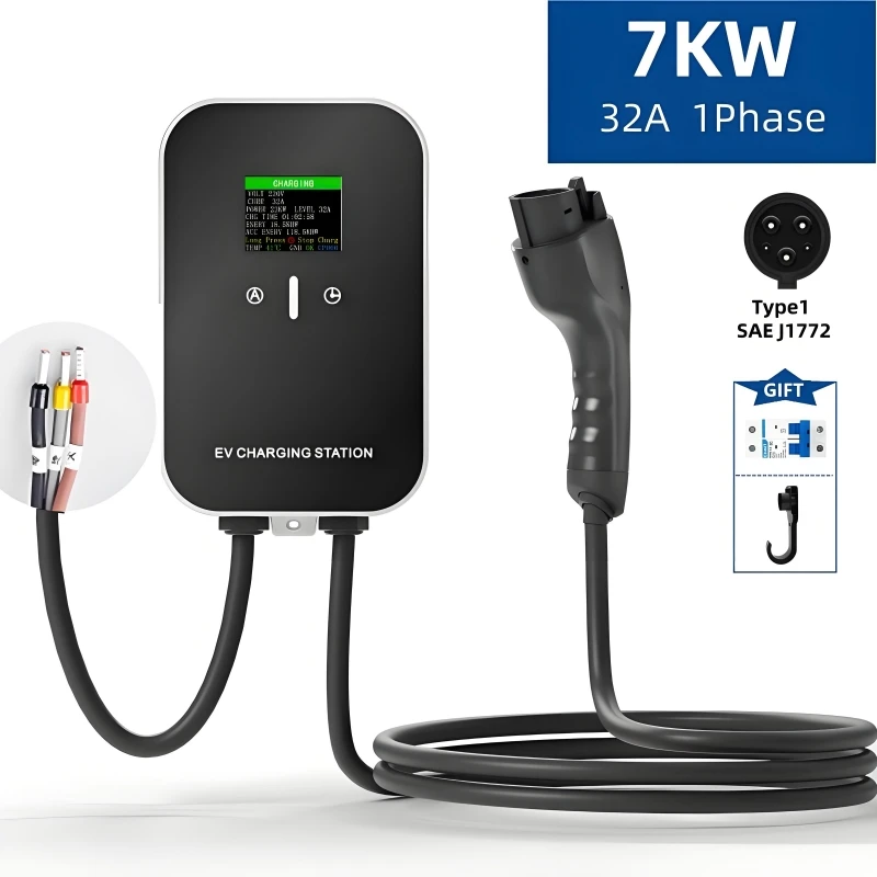 Type1 EV 충전기 32A 7KW EV 충전소 SAE J1772 전기차 충전기 1상 Type 1 EVSE 월박스(4.3인치 ...