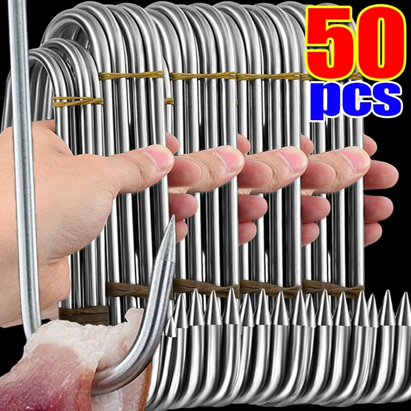50/10PCS Stainless Steel S Hooks with Sharp Tip Kitchen Meat Hanging ...