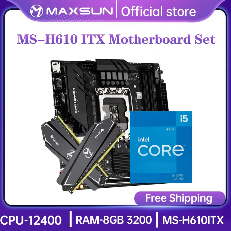 MAXSUN Mini Motherboard Set Challenger H610 ITX CPU Intel i5 12400 LGA1700 RAM DDR4 8GBx2 ...