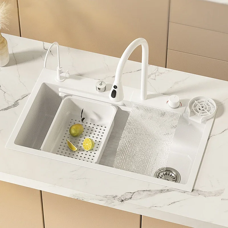 White-Flying-Rain-Waterfall-Kitchen-Sink-Large-Single-Slot-Handmade ...