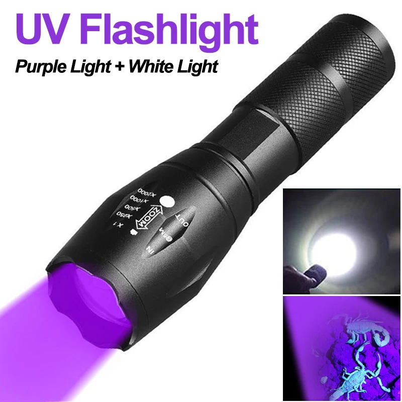 Purple White Dual Light Flashlight Ultraviolet Torch Zoom Retractable ...