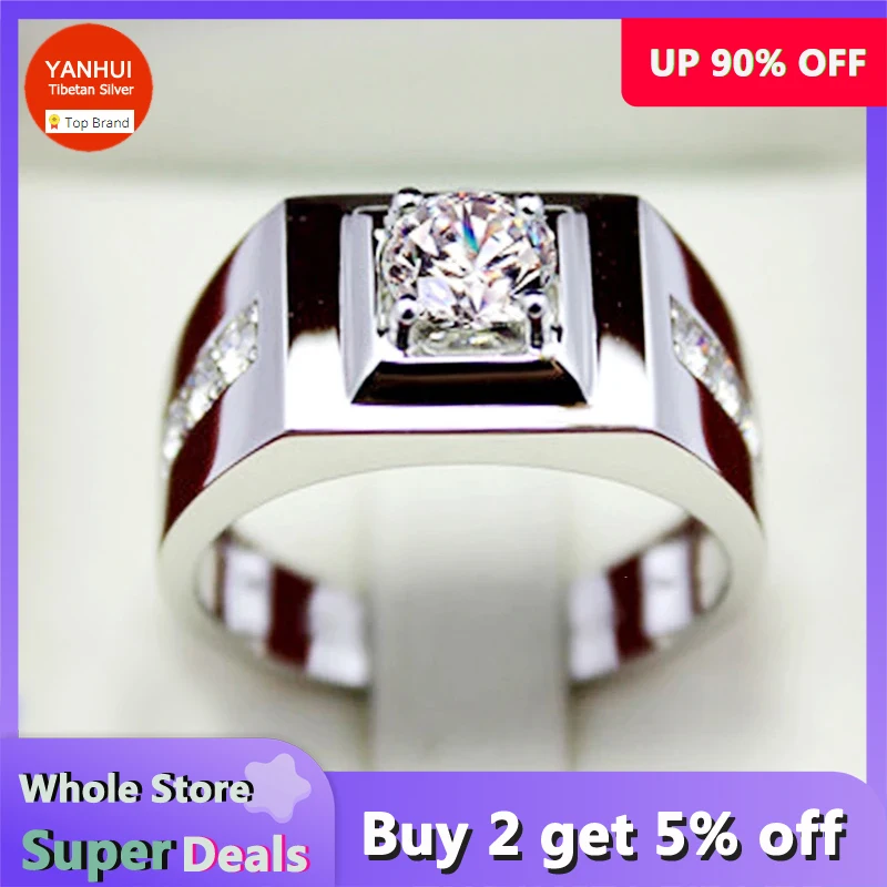 YANHUI-Solitaire-Male-Ring-Tibetan-Silver-1-0ct-CZ-Zircon-Engagement ...