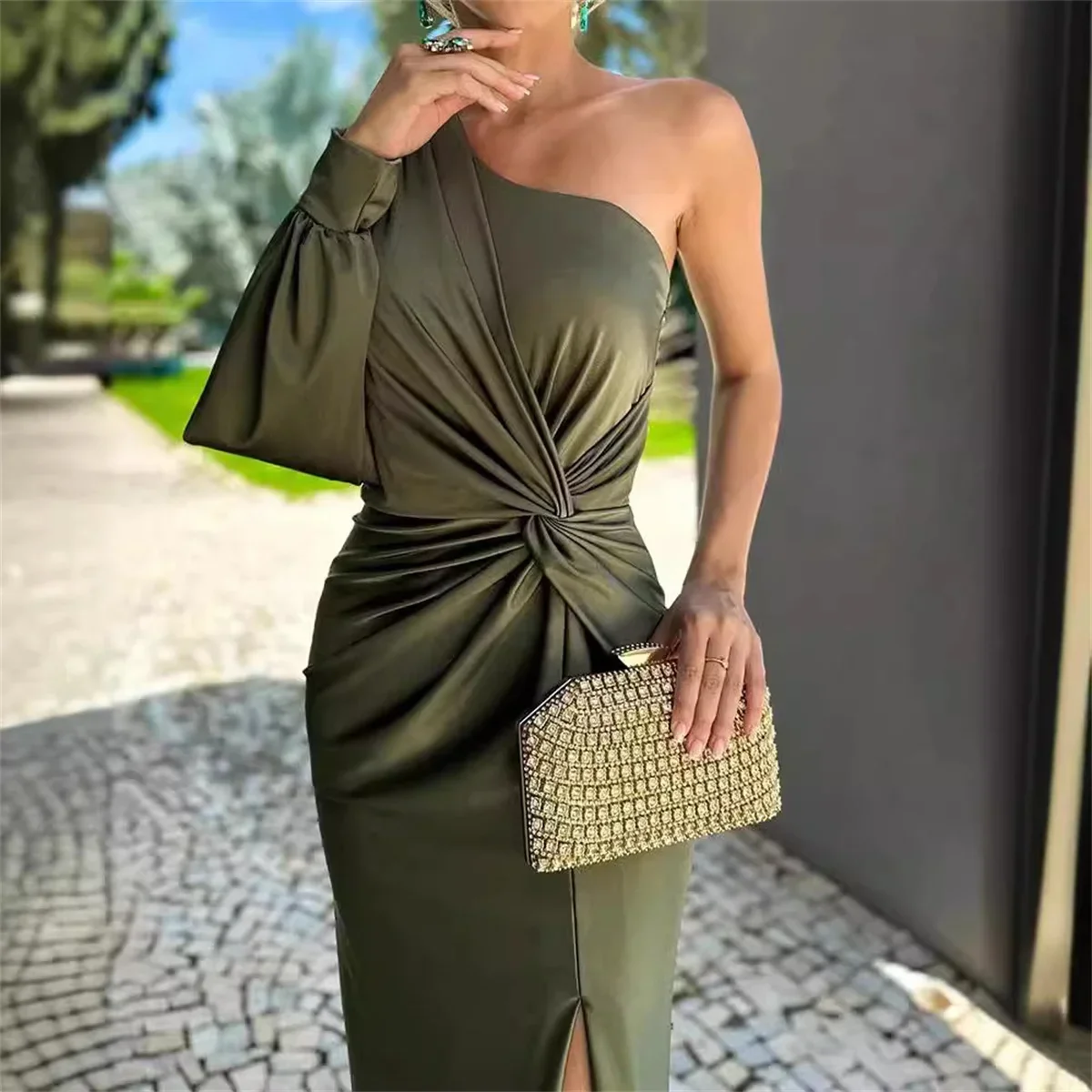 Women-Fashion-Party-Maxi-Dress-Summer-Solid-One-Shoulder-Long-Sleeve ...