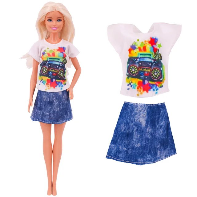 1Set Barbies Doll Clothes Jeans Plaid Skirt Casual Wear Fashion Long ...