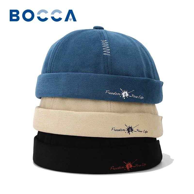 Bocca-Letter-Printing-Docker-Cap-Without-Visor-Solid-Color-Brimless ...