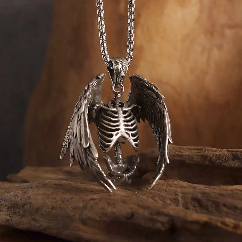 Gothic Wings Grim Reaper Pendant Half Body Skull Necklace Men\\\\'s ...