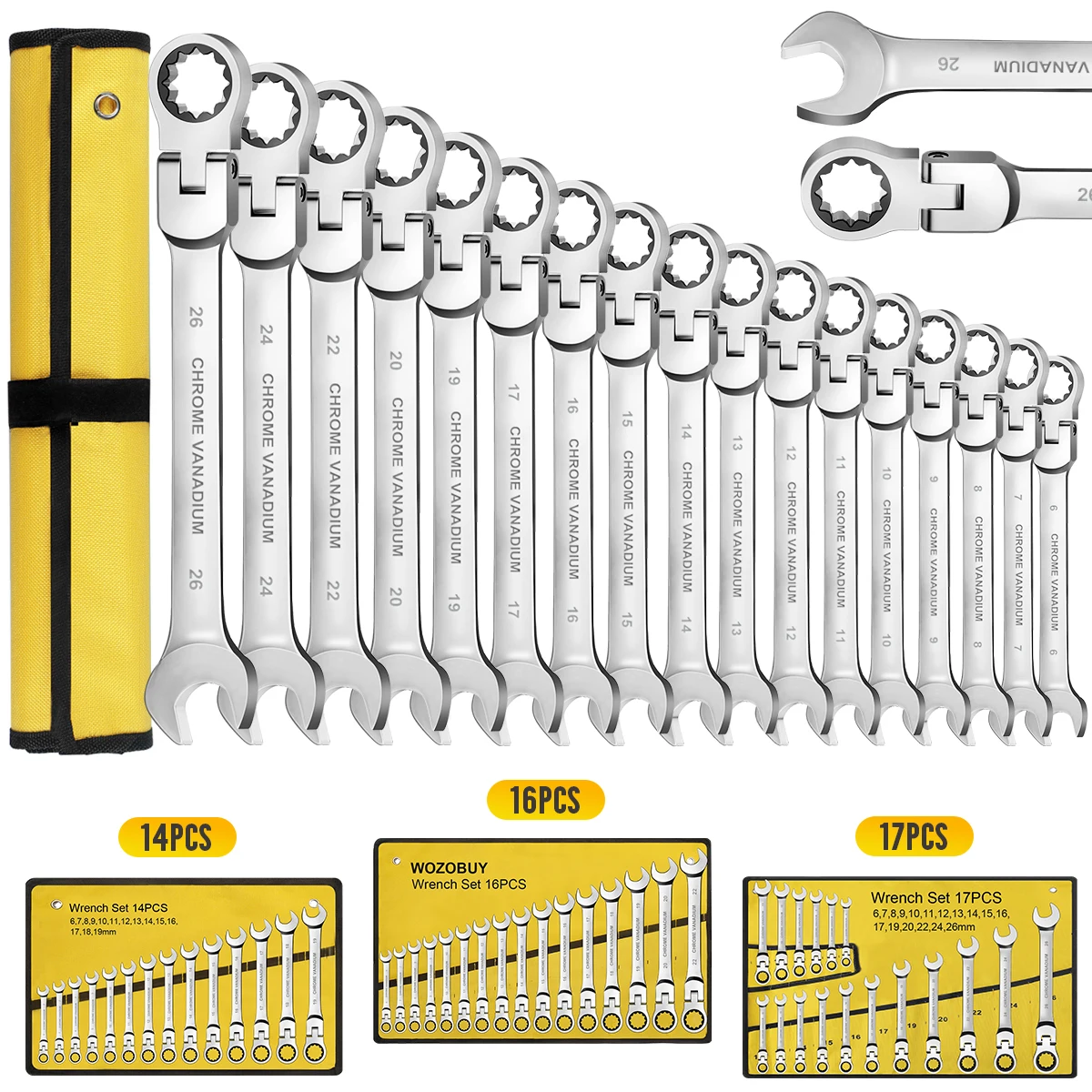 12/14/16/17pcs Flex-Head Ratchet Wrench Set, 6-26mm, 72 Teeth, Cr-V ...