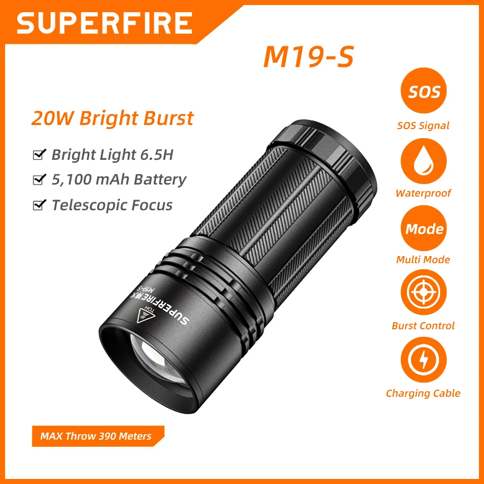 SUPERFIRE-M19-S-Super-Bright-Zoom-Flashlight-Powerful-20W-LED-Rechargeable-Torch-Long-Lasting ...