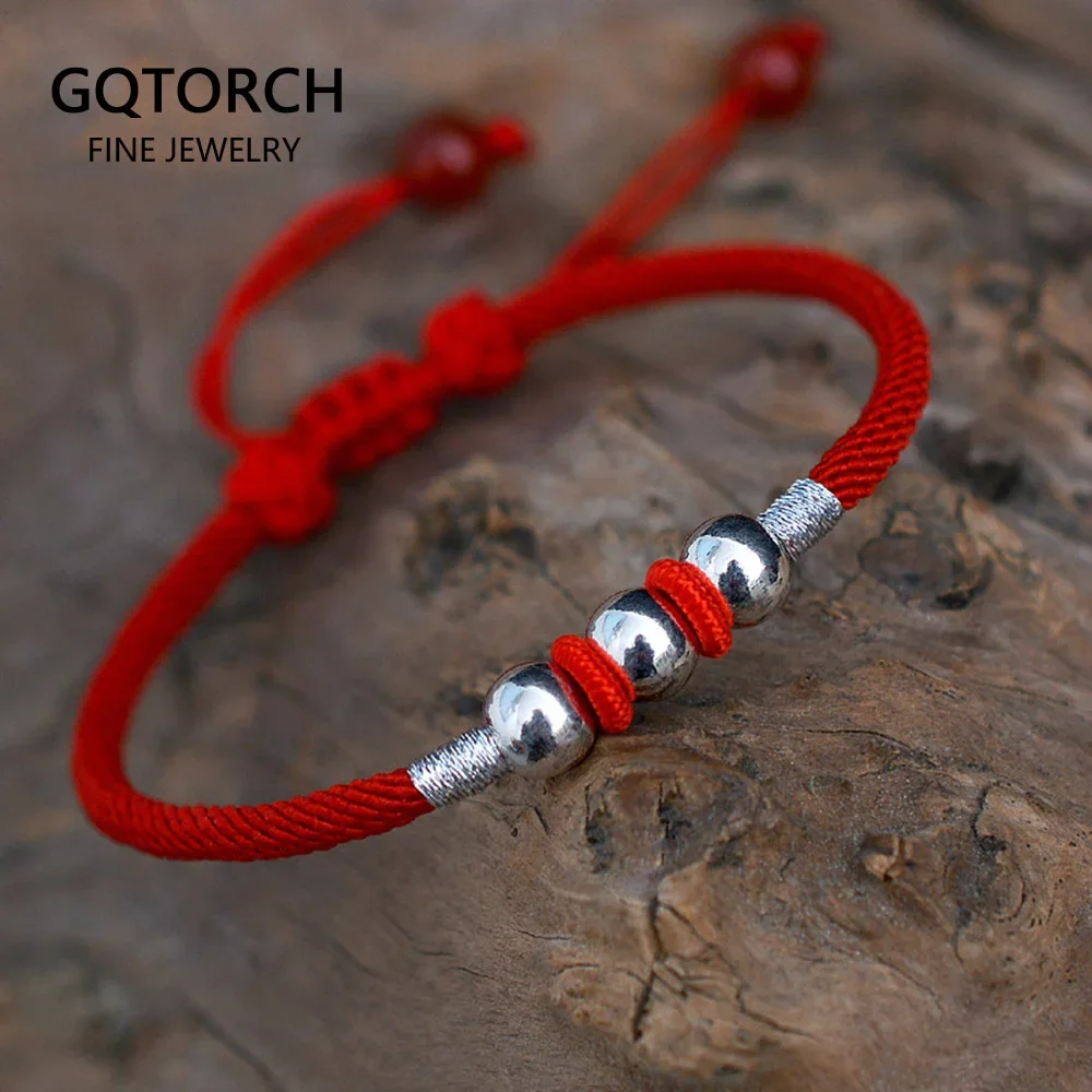 Real-Pure-999-Sterling-Silver-Round-Beads-Lucky-Red-Rope-Handmade ...