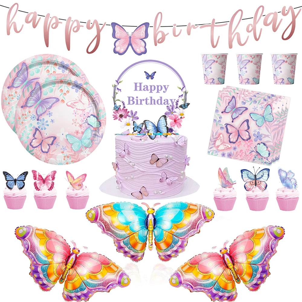 Butterfly-Birthday-Tableware-Plates-Cups-Foil-Butterfly-Balloons-Banner ...