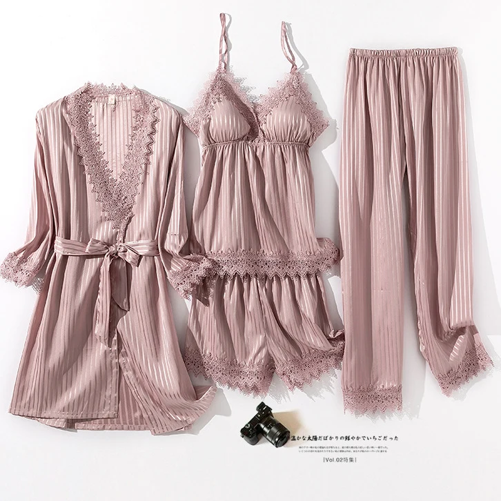 Sexy-Stripe-Lace-Trim-Sleepwear-Pijamas-Suit-Spring-Summer-Satin-Kimono ...