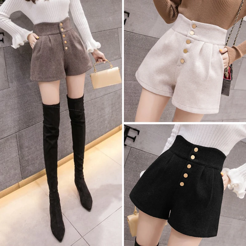 korean style Casual Shorts Women autumn high Waist A line Woolen Single ...