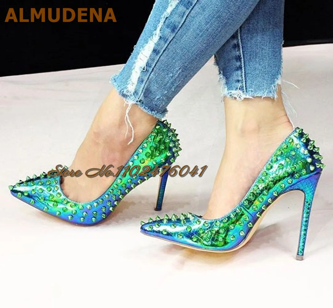 ALMUDENA Green Hologram Snake Full Rivets Dress Pumps 12Cm 10Cm 8Cm ...