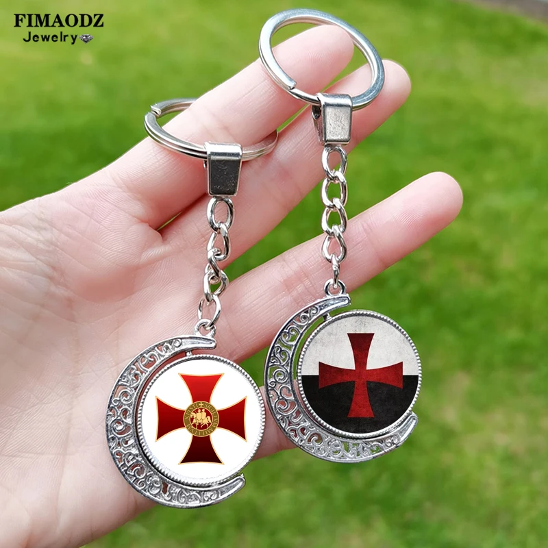 Cross Knights Templar Keychain for Men Glass Cabochon Rotated Pendant ...