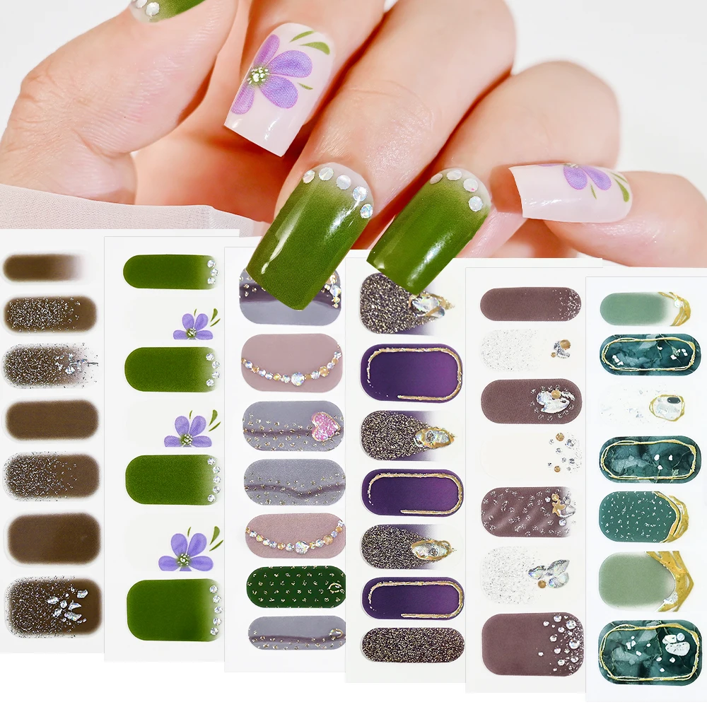 14Tips Nail Polish Strips Marbled Flowers Patterns Self-Adhesive Stick ...