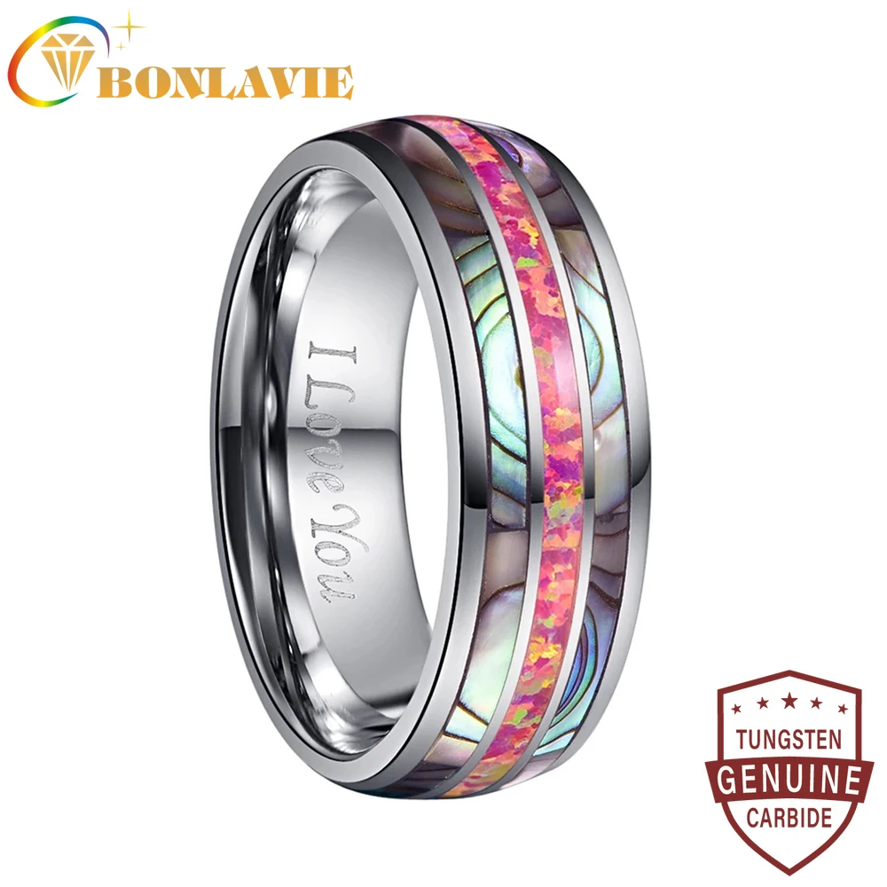 BONLAVIE-Tungsten-Carbide-Ring-8mm-Dome-Steel-Inlaid-with-Two-Abalone ...