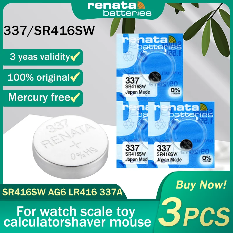 3PCS Original Renata 337 SR416SW AG6 LR416 337A 1.55V Silver Oxide ...