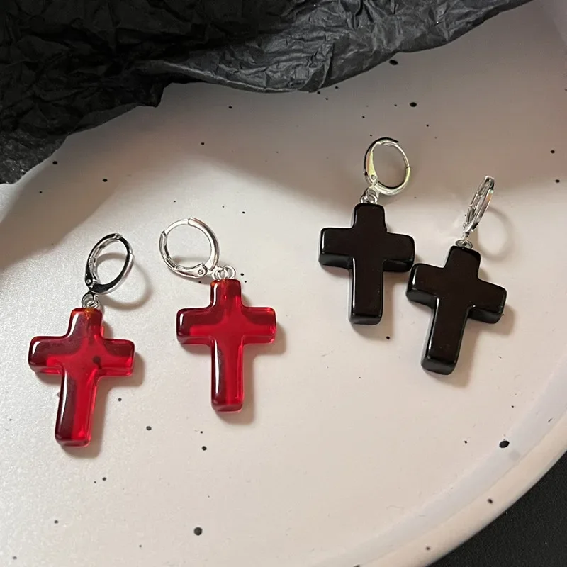 Goth-Vintage-Punk-Vampire-Red-Cross-Glass-Pendant-Earrings-for-Men-and ...