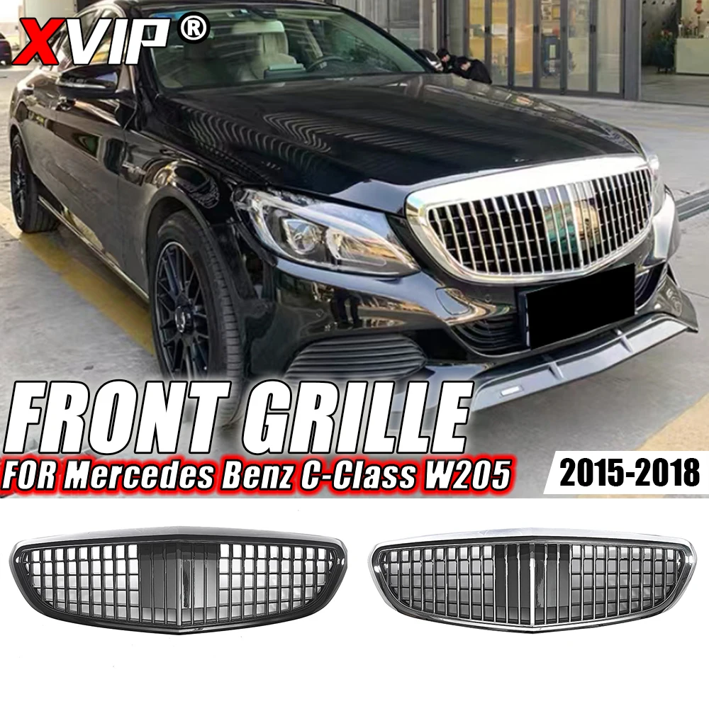 XVIP-Glossy-Black-Maybach-Style-Front-Bumper-Grille-For-Mercedes-Benz-C ...