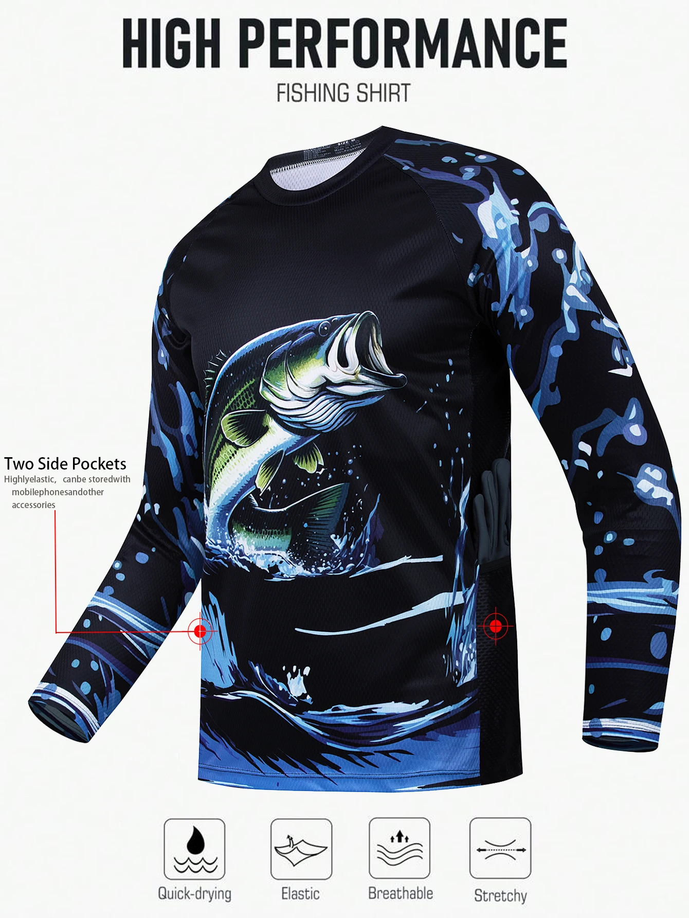 Men's outdoor fishing T-shirt, long sleeved shirt, oversized round neck ...