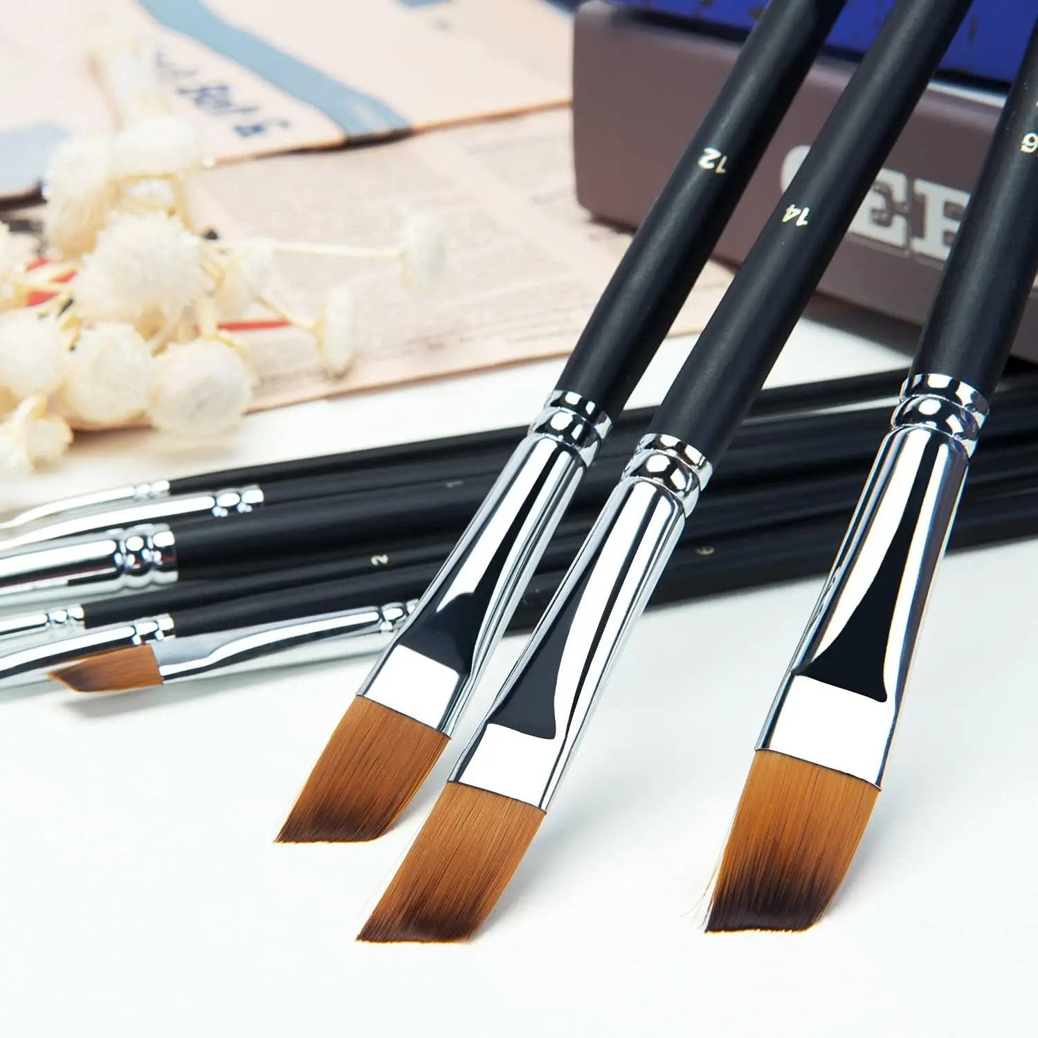 9PC Oblique Tip Nylon Hair Long Handle Angled Paint Brushes Set Art ...